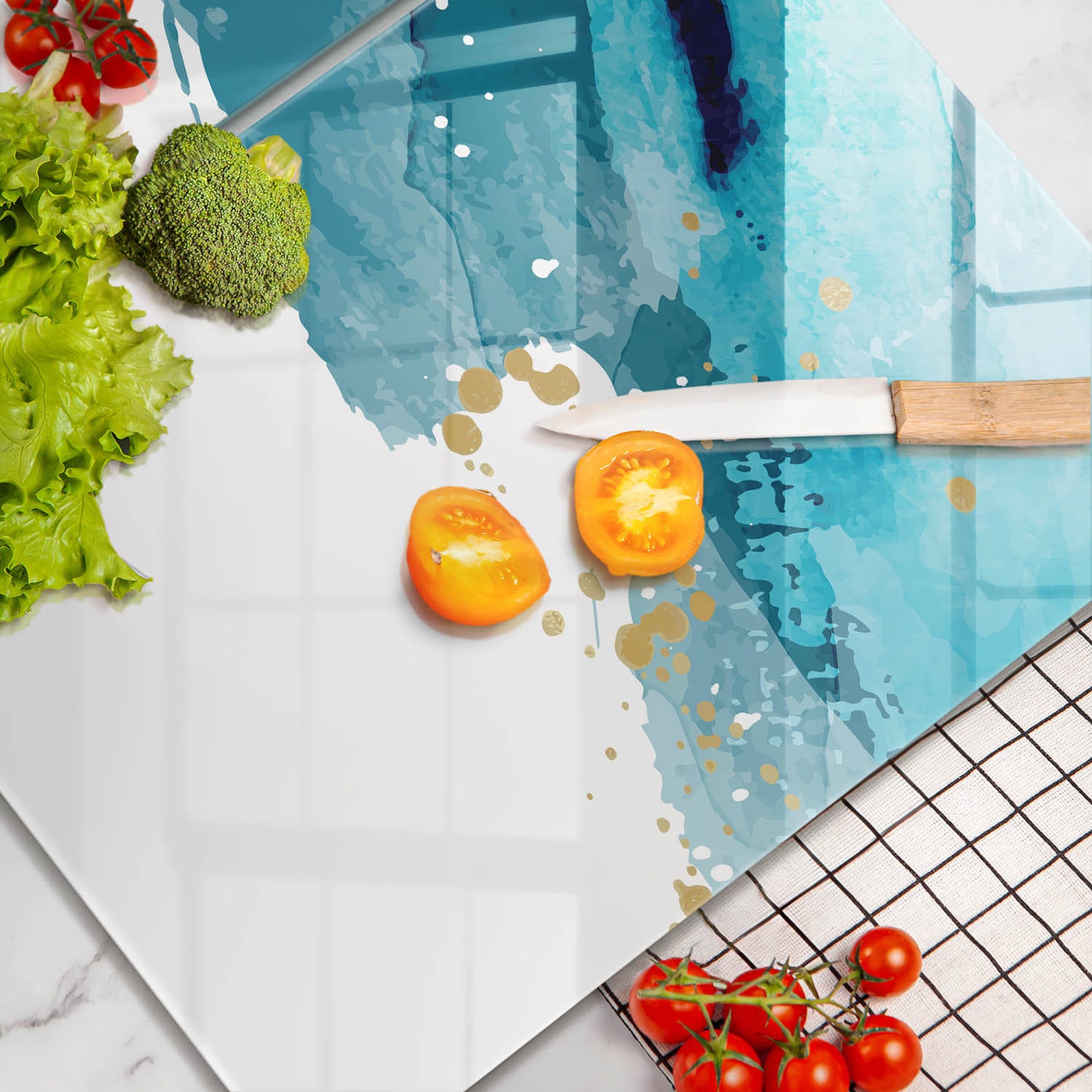 Blue Spots Tempered Glass Backsplash, Glass Wall Protection, Oven ...