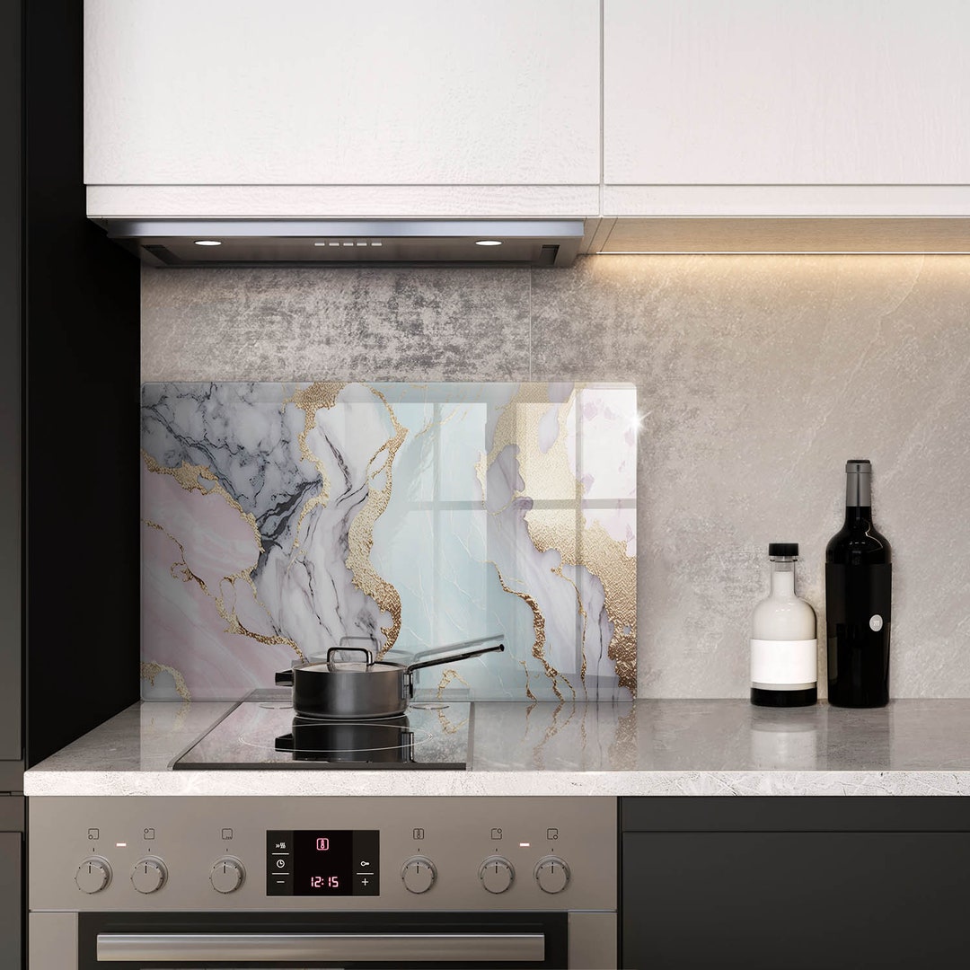 Pastel Marble Tempered Glass Backsplash, Glass Wall Protection, Oven ...