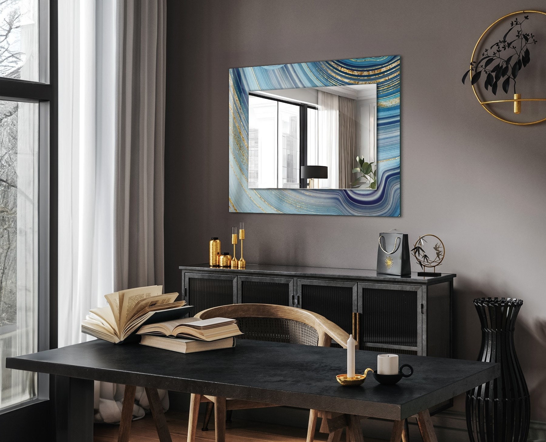 Abstract Blue Waves Mirror, Rectangular Mirror With Frame, Blue Wall ...