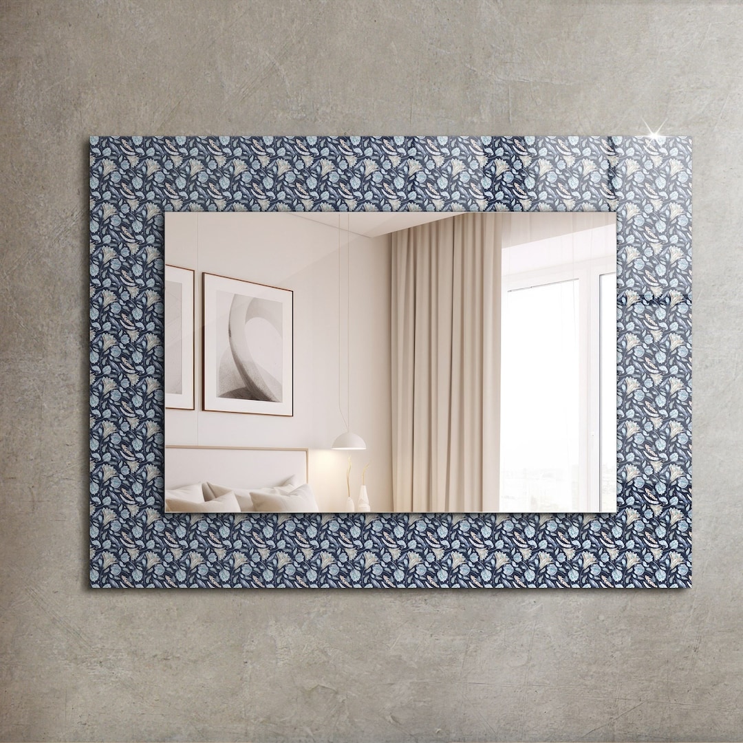 Blue Floral Pattern Mirror, Rectangular Mirror With Frame, Navy Wall ...