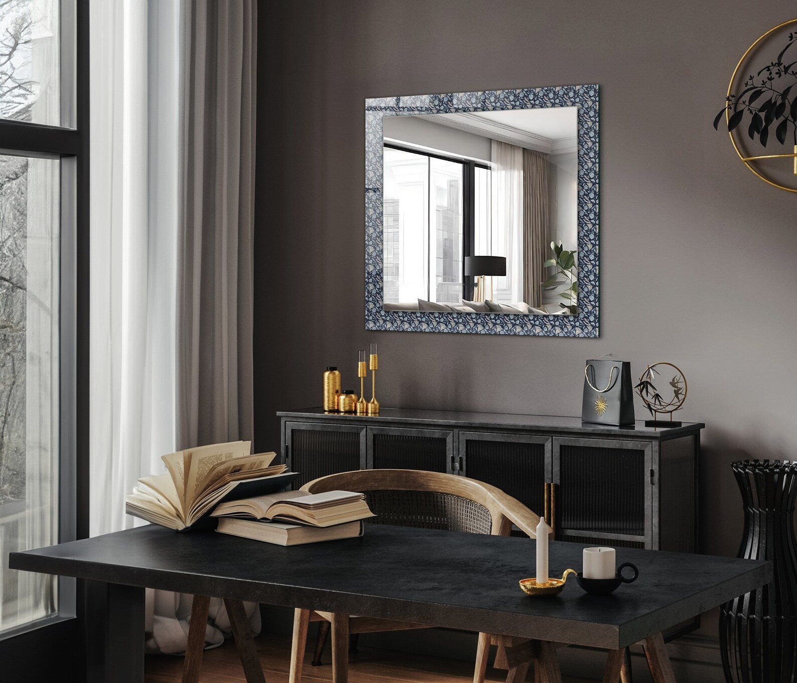 Blue Floral Pattern Mirror, Rectangular Mirror With Frame, Navy Wall ...