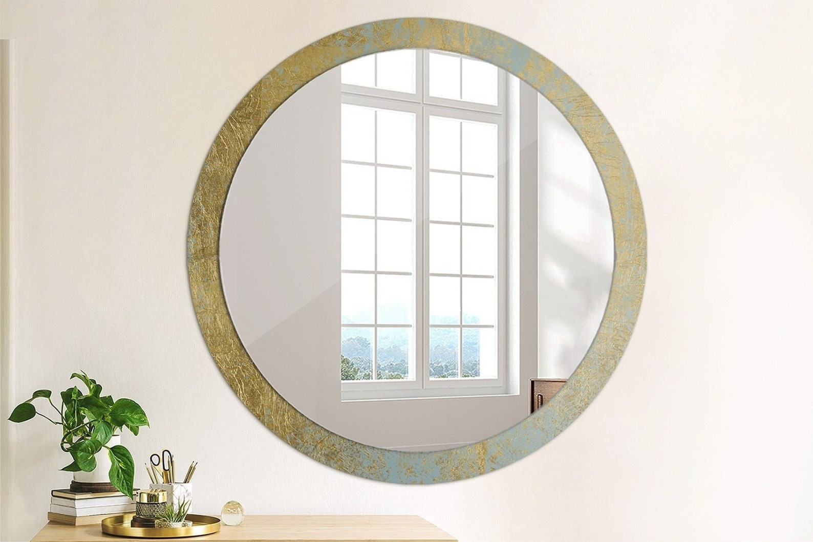 Golden Foil Texture, Gray, Round Mirror Frame, Glass Wall Art, Wall ...