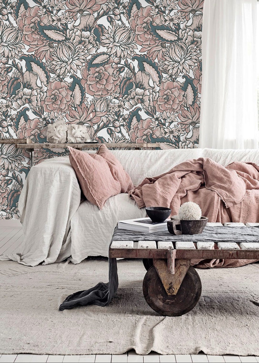 Traditional Flowers Wallpaper in Roll, Pink Reusable Wall Mural, Floral ...