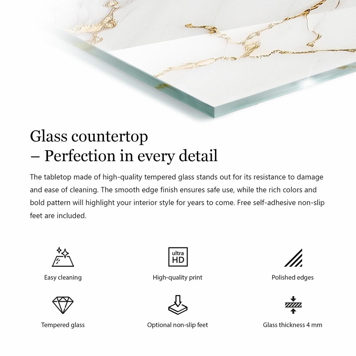Natural Stone Texture Glass Table Top, Black Modern Glass Tabletop ...