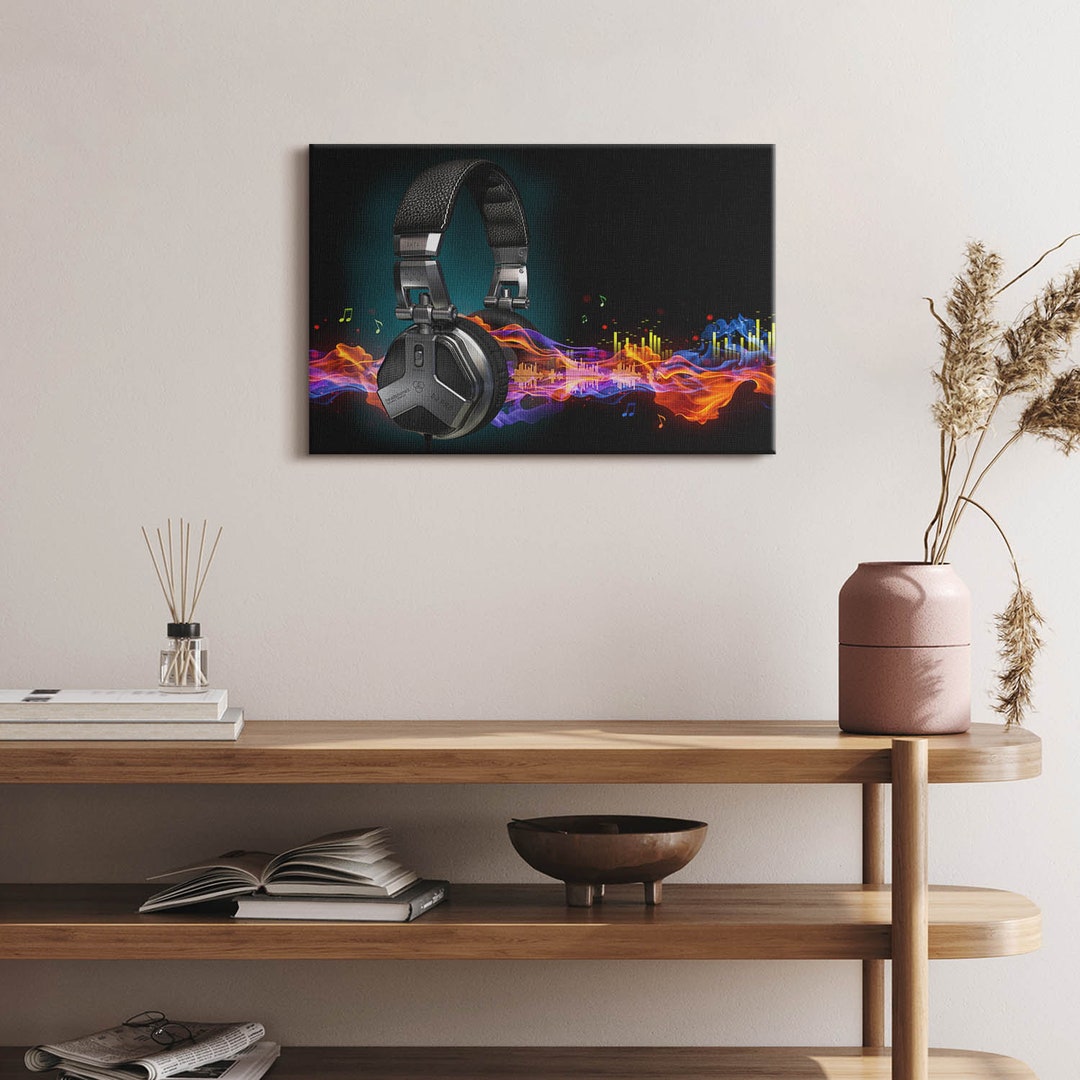 Headphones and Sound Waves Canvas, Picture Wall Hanging, Black Wall Art ...