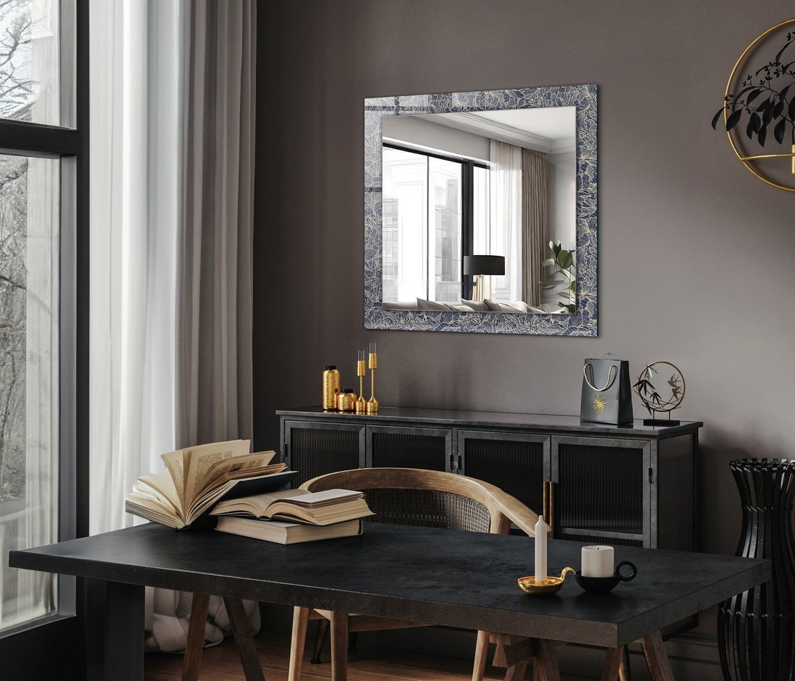 Floral Fabric Pattern Mirror, Rectangular Mirror With Frame, Beige ...