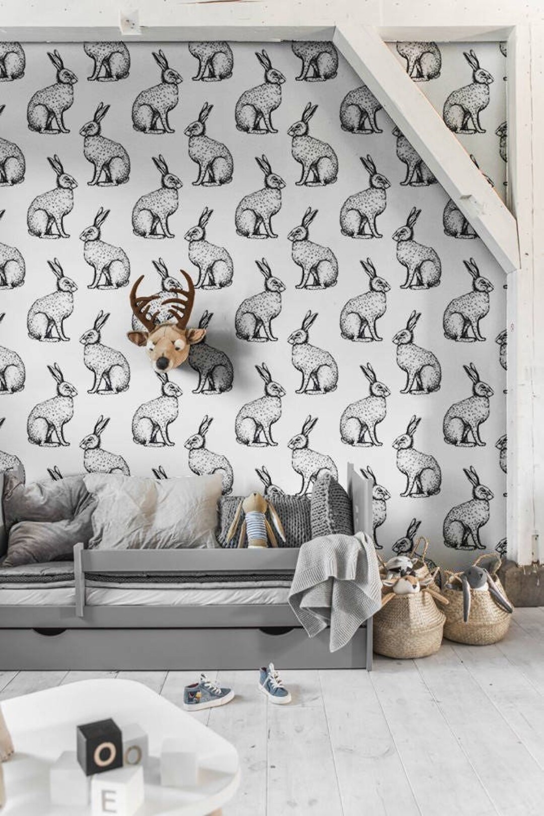 White Rabbits Wallpaper in Roll, Black Reusable Wall Mural, Animal ...