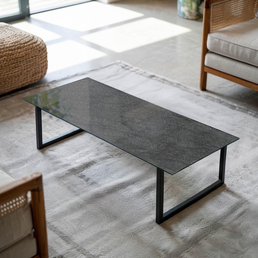 Natural Stone Texture Glass Table Top, Black Modern Glass Tabletop ...