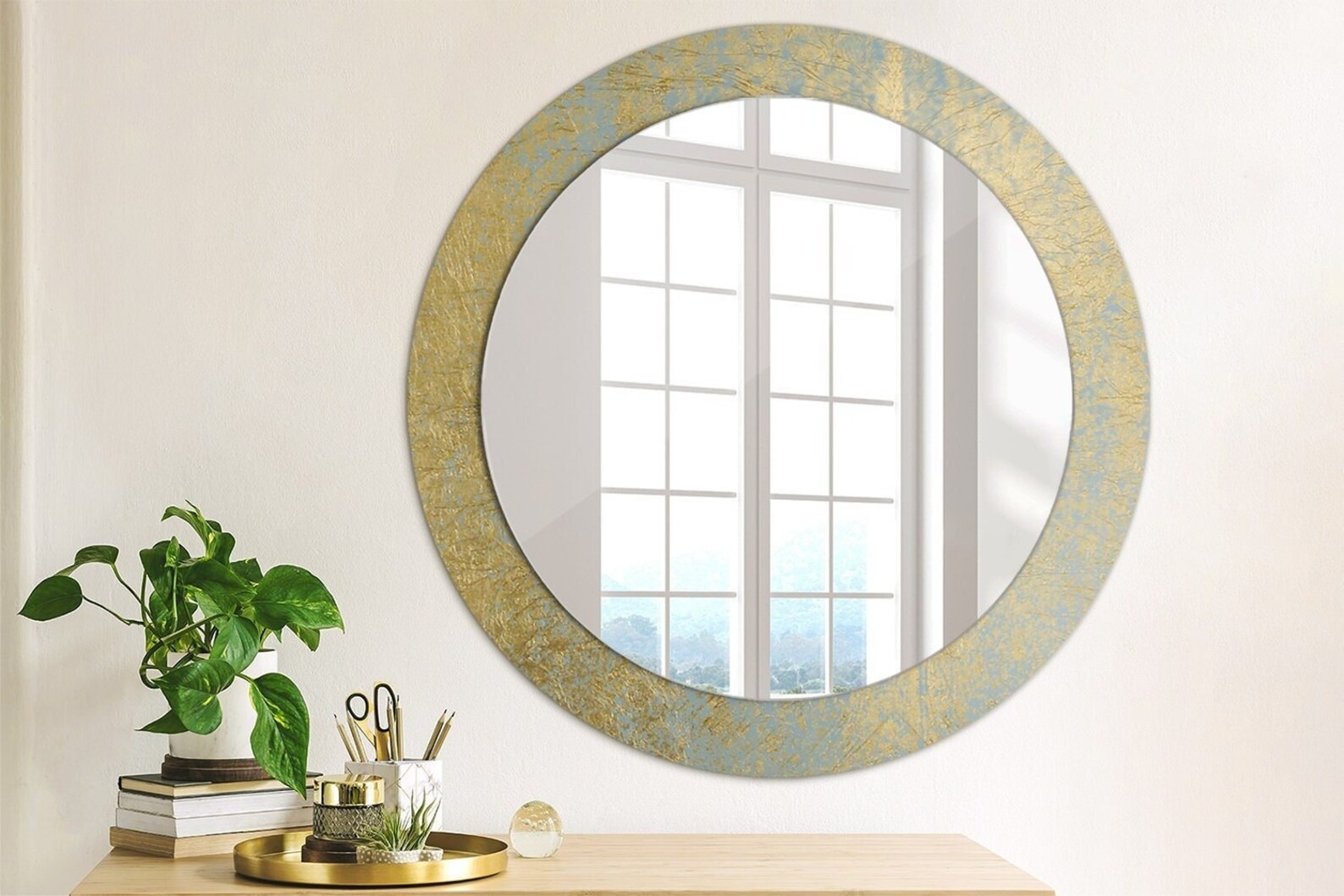 Golden Foil Texture, Gray, Round Mirror Frame, Glass Wall Art, Wall ...