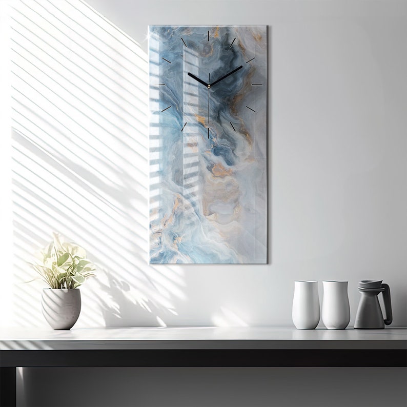 Marble Pattern Modern Wall Clock, Blue Tempered Glass Clock ...