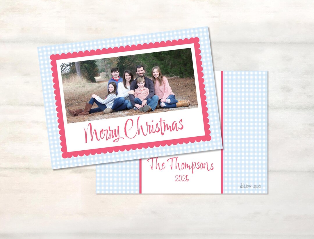 Blue Gingham Christmas Card for Family Photo, Pink and Soft Blue ...