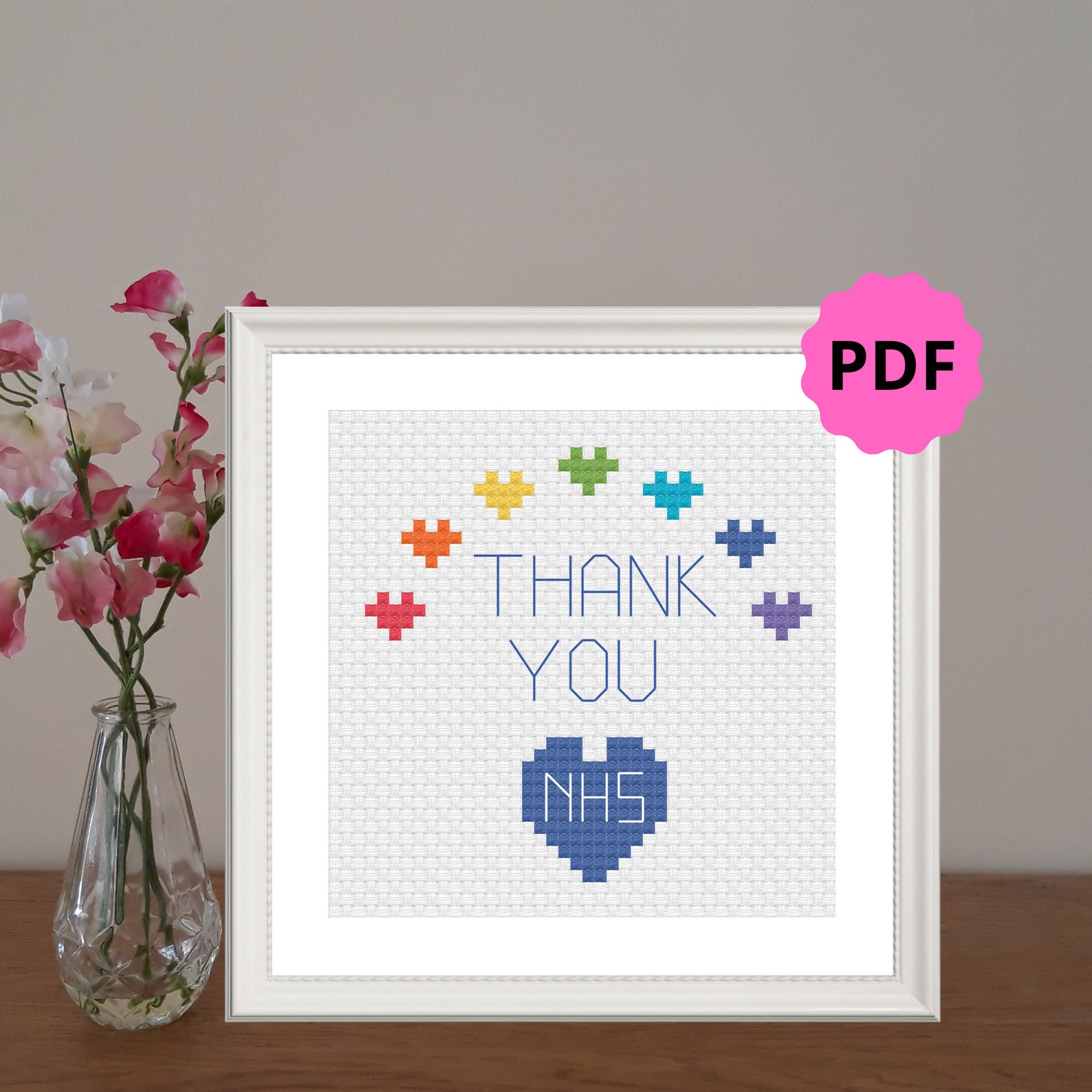 NHS Cross Stitch Pattern - Rainbow Hearts Cross Stitch - Thank You NHS ...