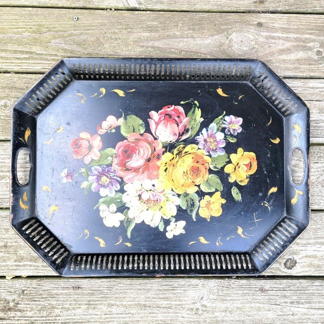 Vintage Large Metal Serving Tray Floral Design Beige Cream Pink Orange ...