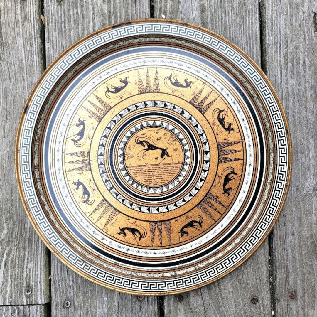 Vintage Round Grecian Etruscan Style Metal Serving Tray Geometric ...