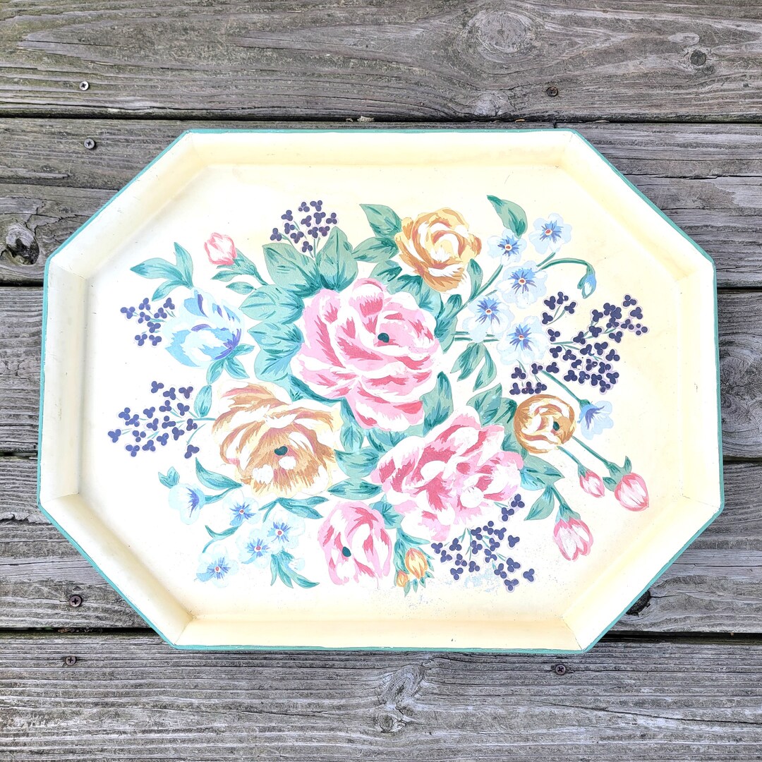 Vintage Large Metal Serving Tray Decor - Floral Design Beige Cream Pink ...