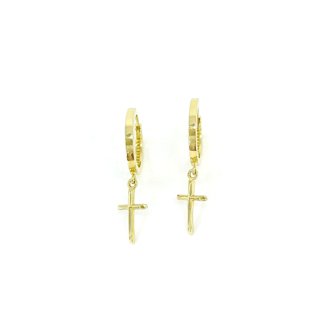 Hoop Earrings With Dangling Cross Charms Small Solid Pure 14k - Etsy