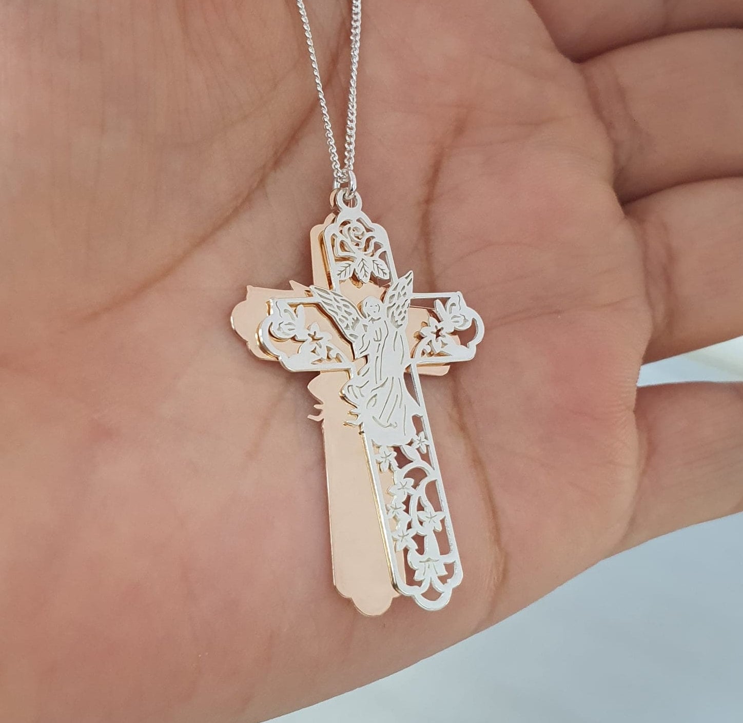 Guardian Angel Cross Necklace Fine Sterling Silver925 Two Tone - Etsy