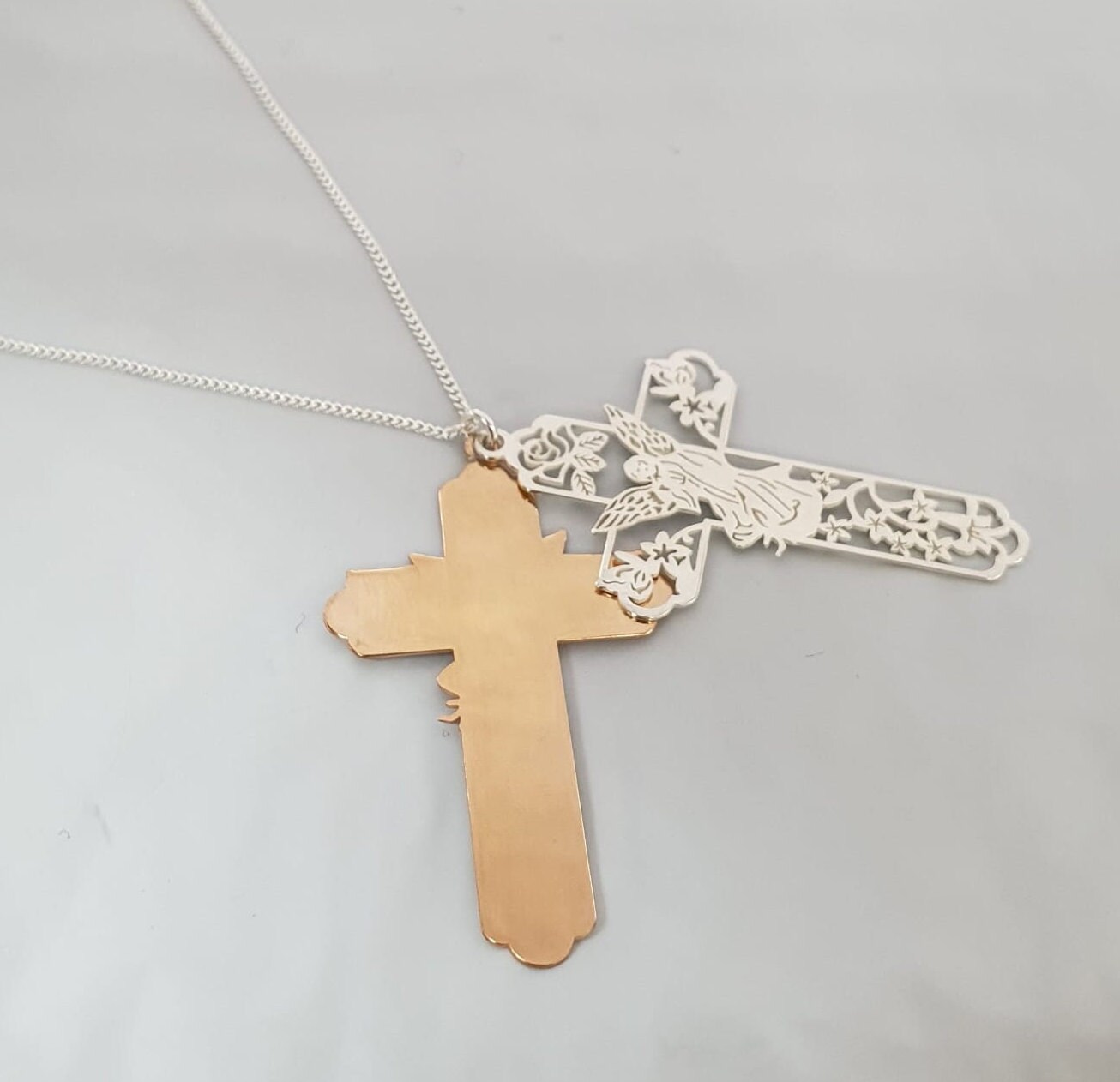 Guardian Angel Cross Necklace Fine Sterling Silver925 Two Tone - Etsy