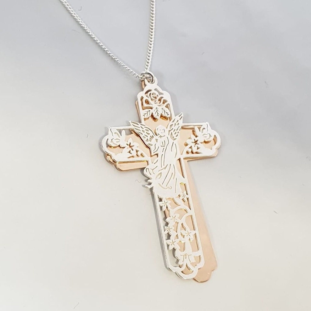 Guardian Angel Cross Necklace Fine Sterling Silver925 Two Tone - Etsy