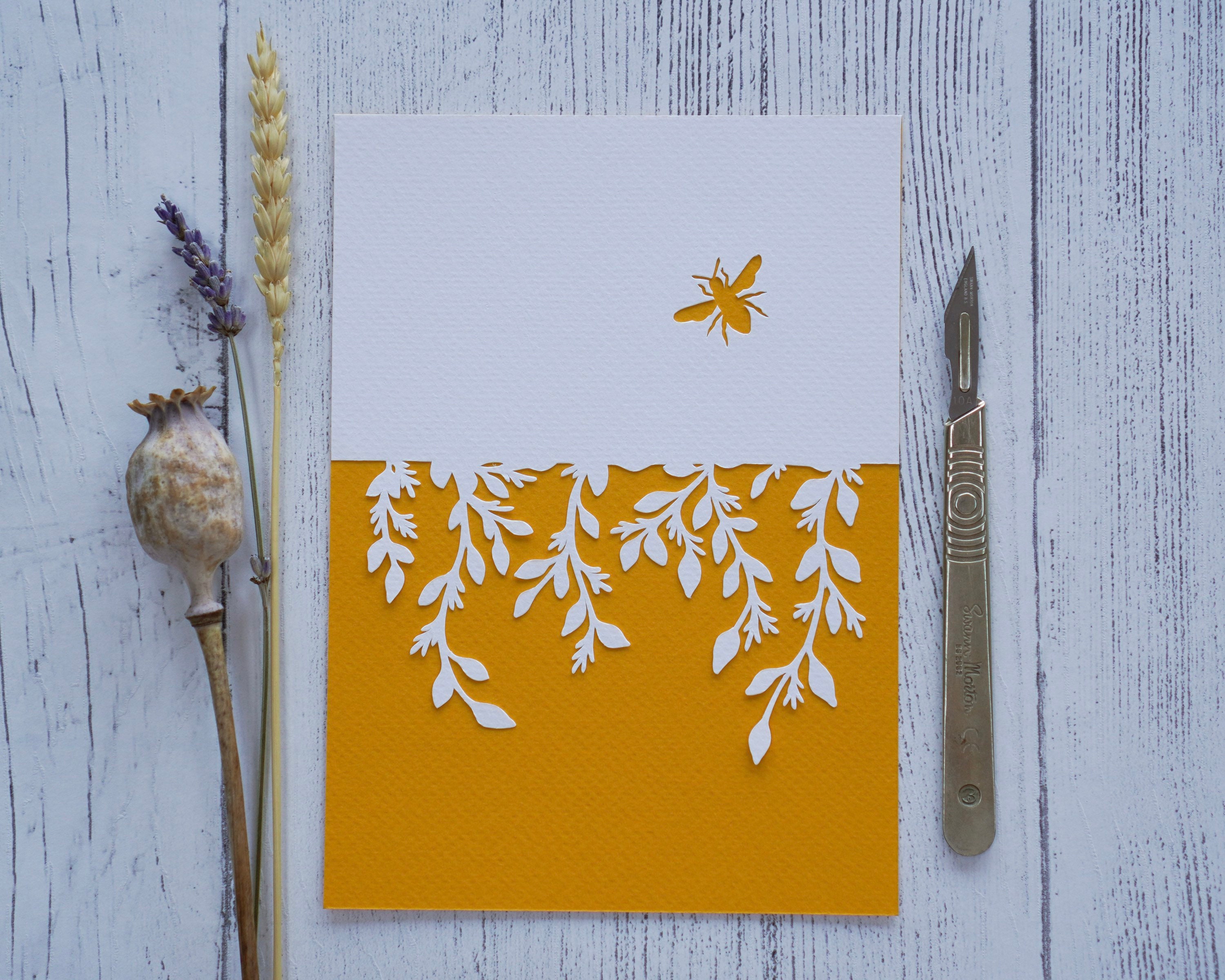 Mini Hand-cut Eucalyptus & Honey Bee Papercut, Original Botanical ...