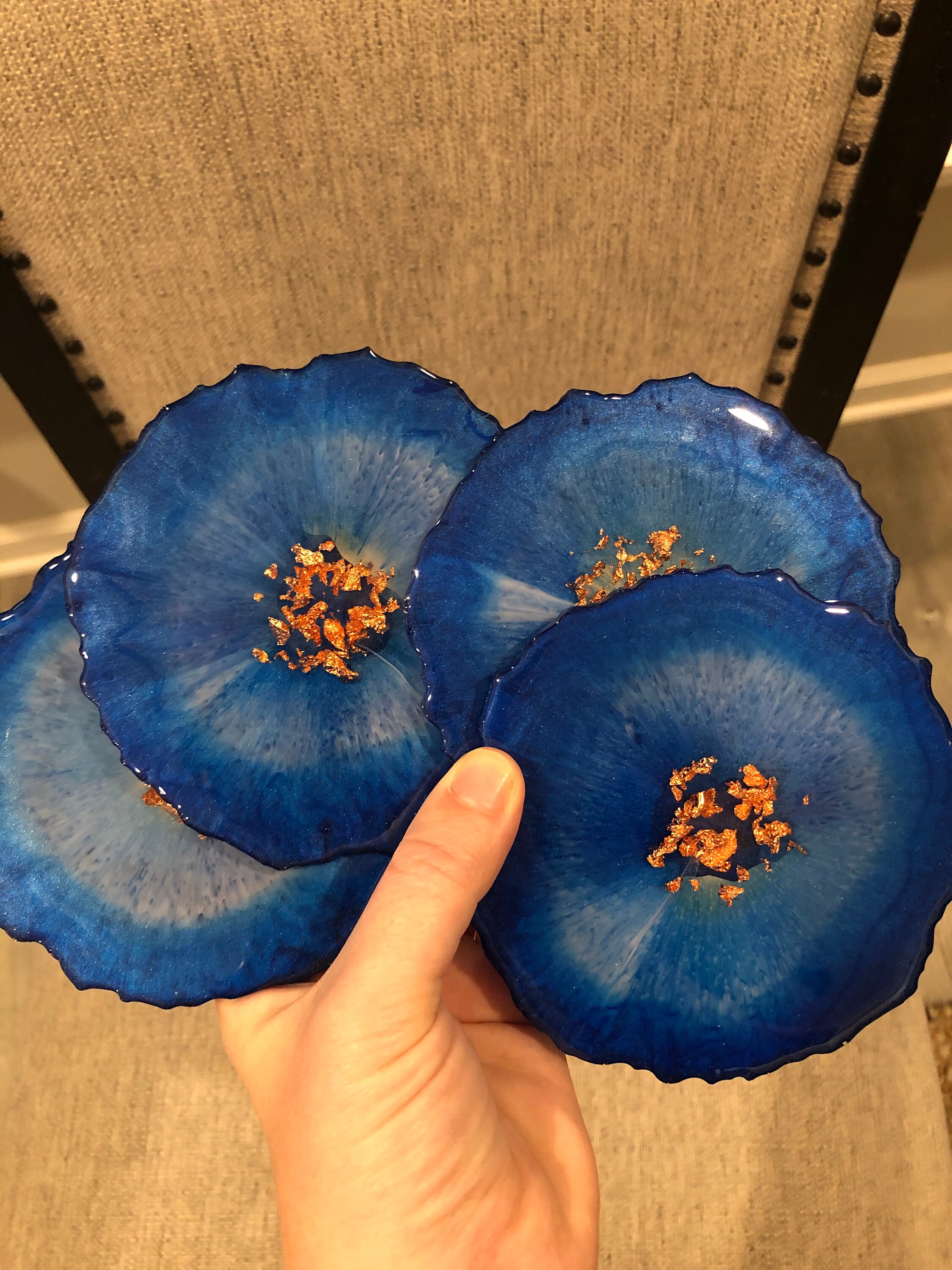 Set of 4 brilliant blue coasters with copper center made of | Etsy
