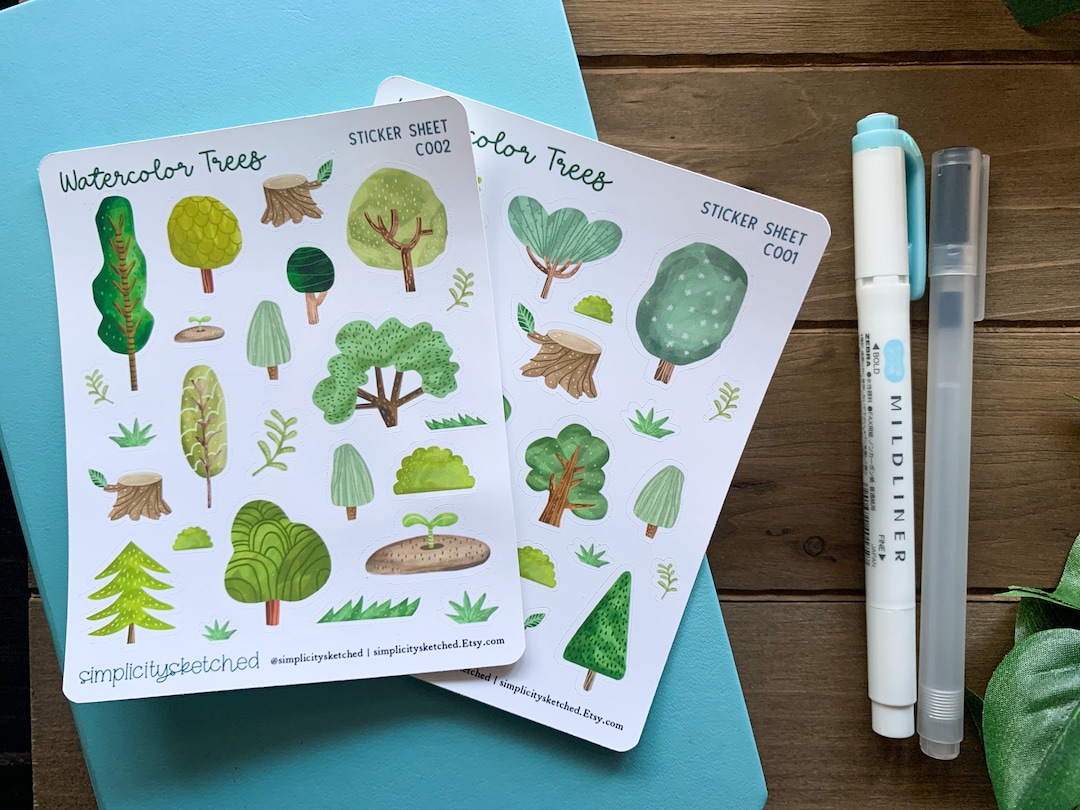 Watercolor Trees Sticker Sheet | Aesthetic Trees & Shrubs | Decorative ...