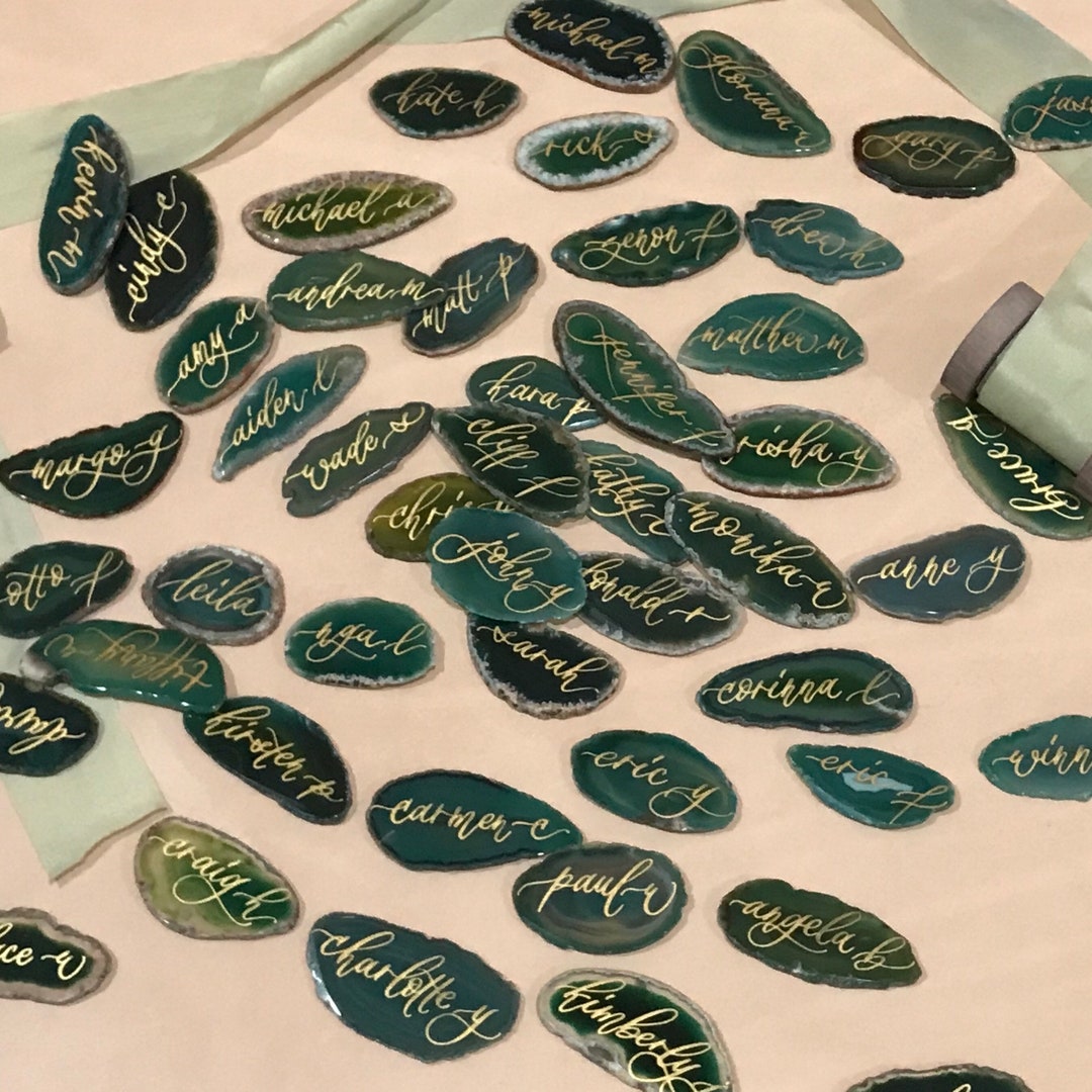 Green Emerald Calligraphy Agate Slices Place Cards Size 0 - Etsy