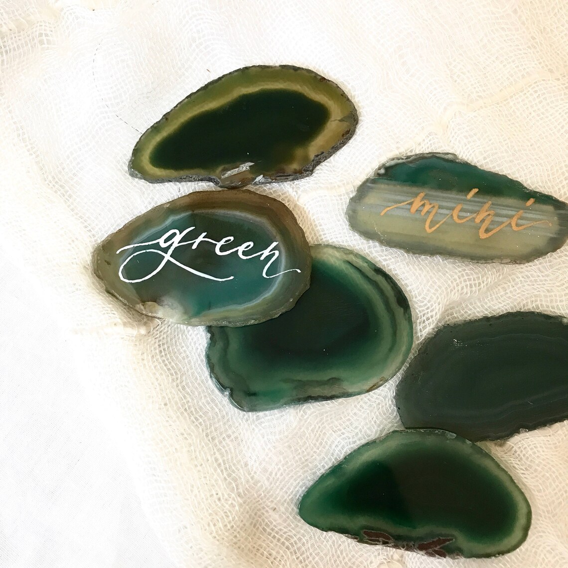 Green Emerald Calligraphy Agate Slices Place Cards Size 0 - Etsy