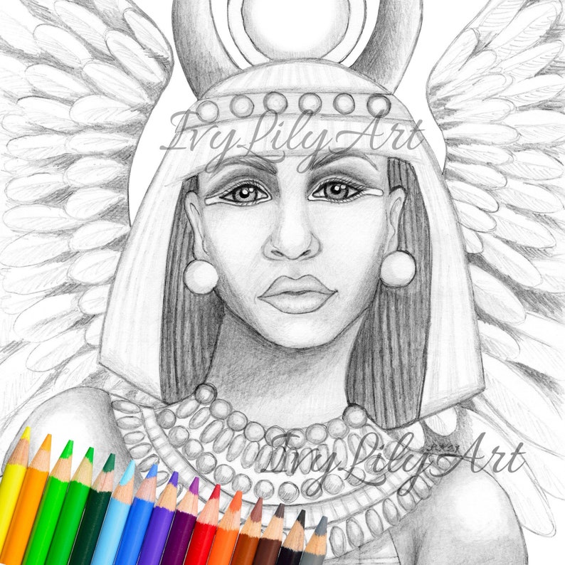 Printable Adult Coloring Page Ancient Egyptian Goddess Isis Grayscale ...