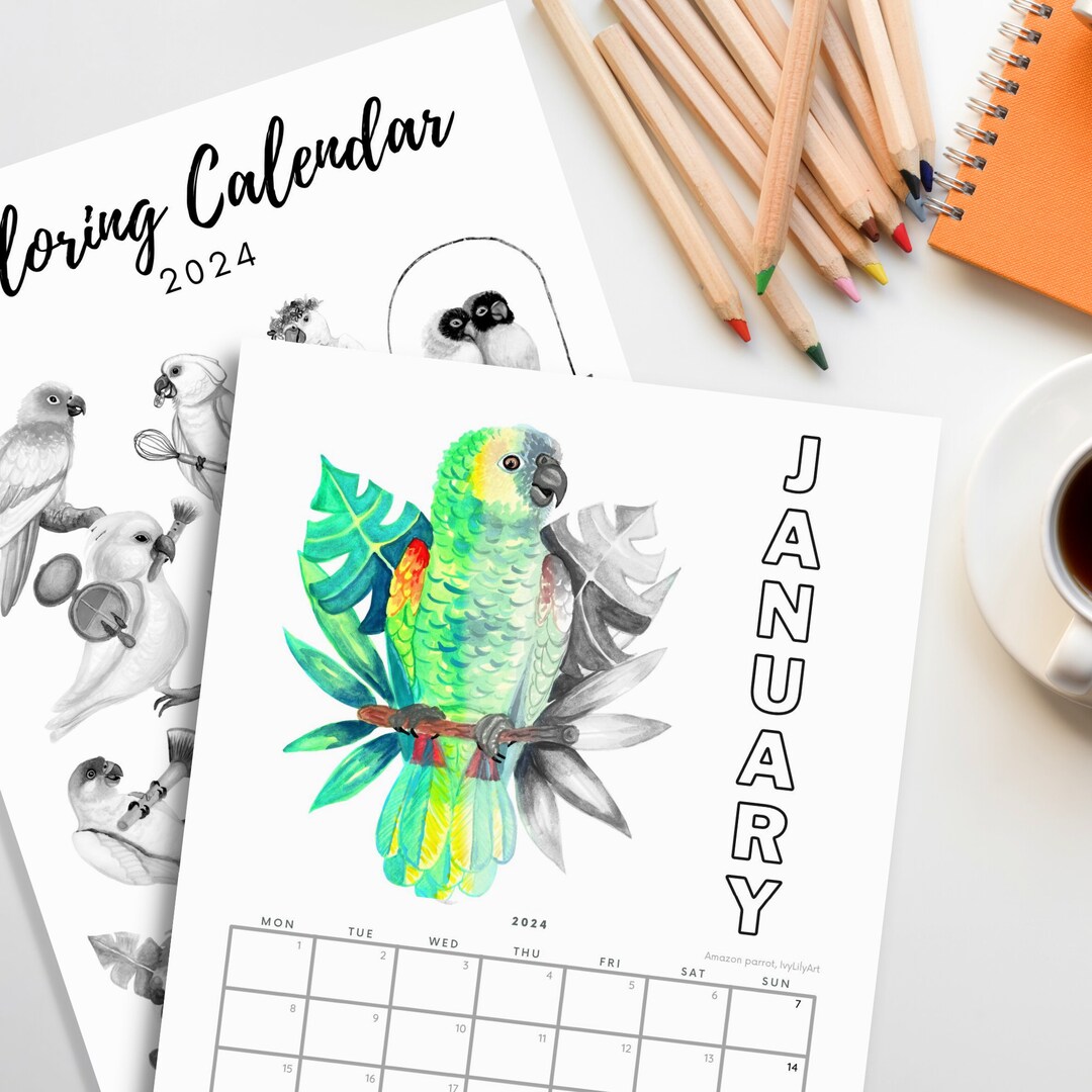 Printable Coloring Calendar 2024 Grayscale Parrots A4 PDF Download ...