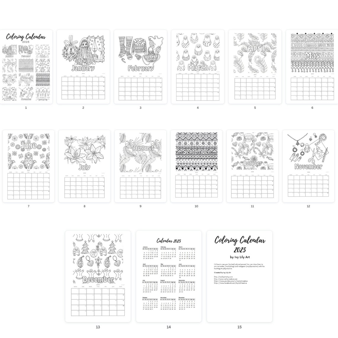 Printable Coloring Calendar 2025 (2026) | Patterns | PDF Download - Etsy