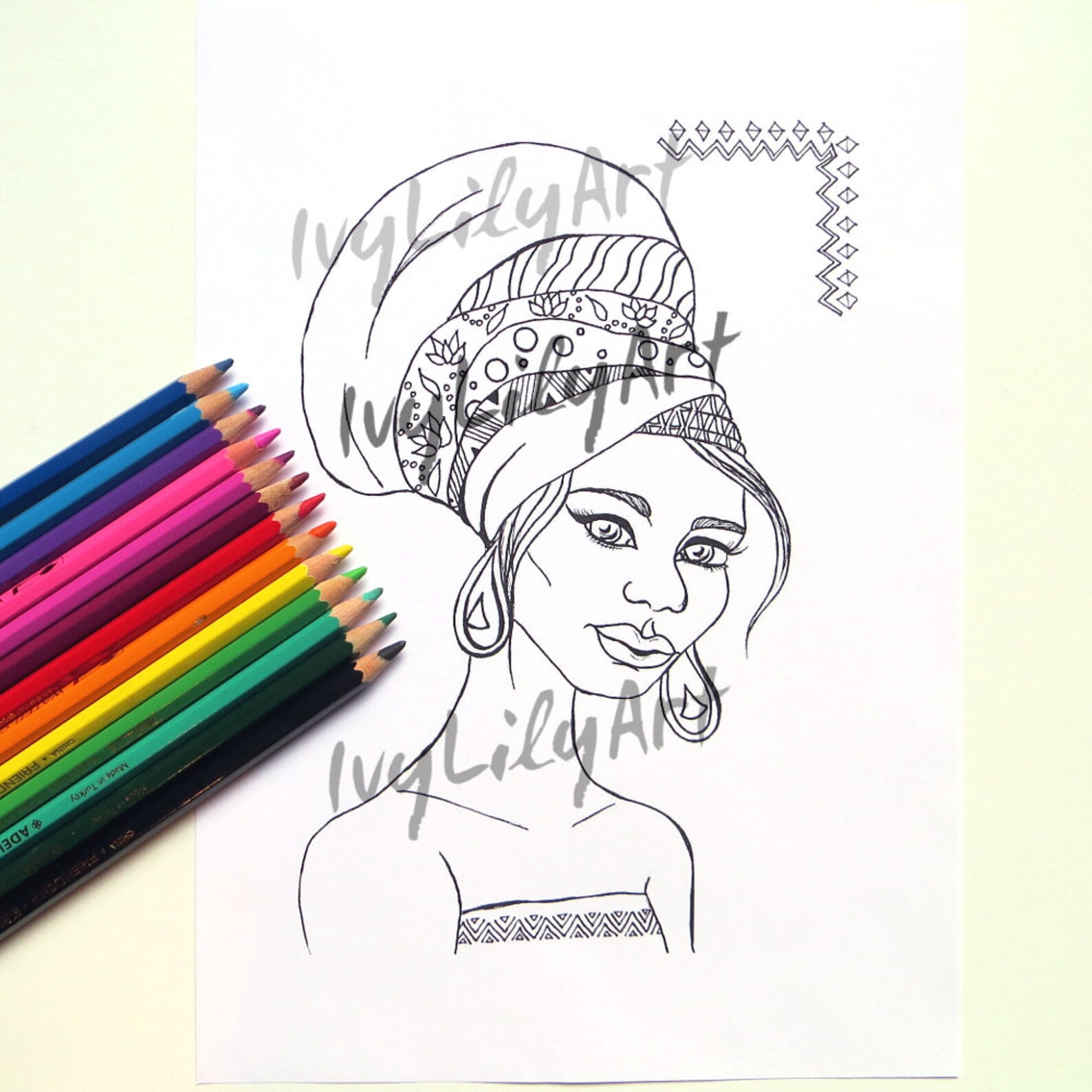 African Girl Coloring Page | African Girl With Turban | Printable Adult ...