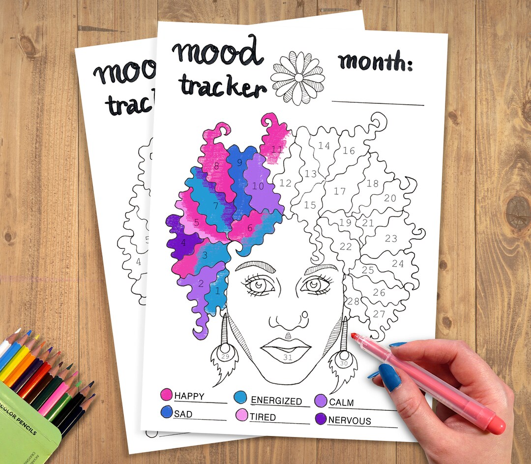 Monthly Mood Tracker Printable PDF A4 & A5 | Curly Hair Coloring - Etsy