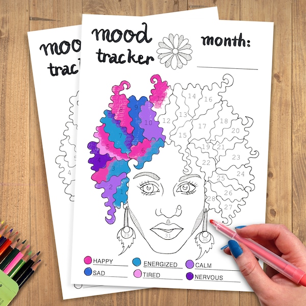 Monthly Mood Tracker Printable PDF A4 & A5 Curly Hair Coloring - Etsy