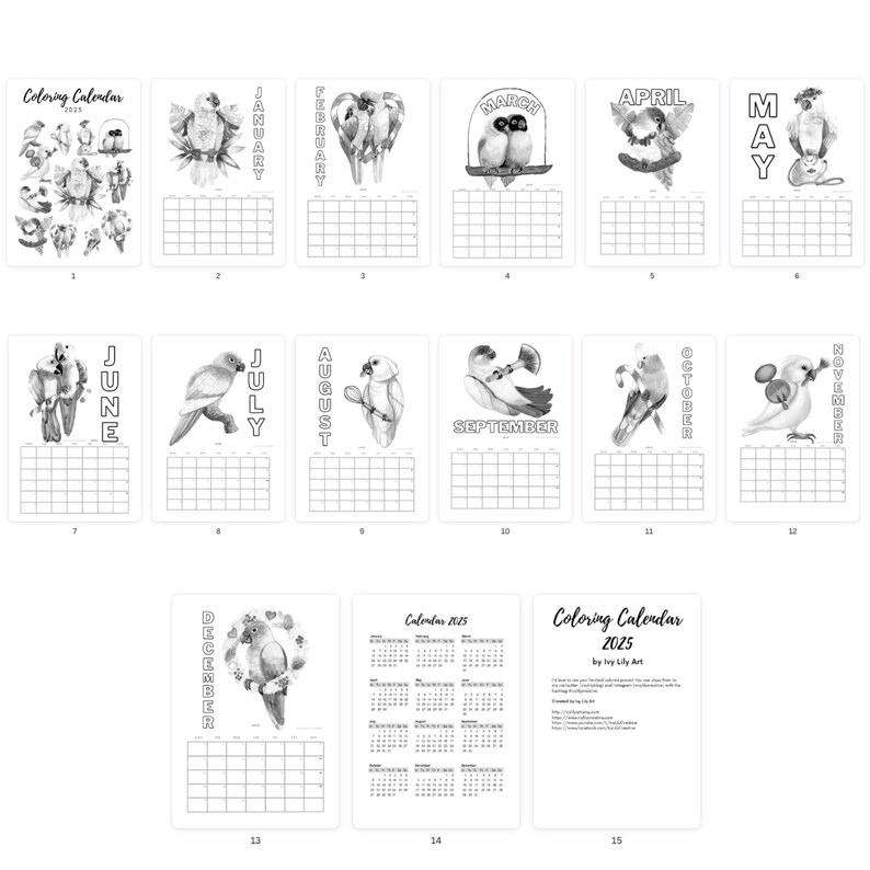 Calendario para colorear e imprimir 2025 / Loros en escala de grises ...
