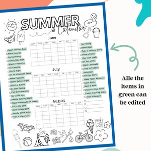 Editable Summer Calendar Poster, Summer Activities Calendar, Summer ...