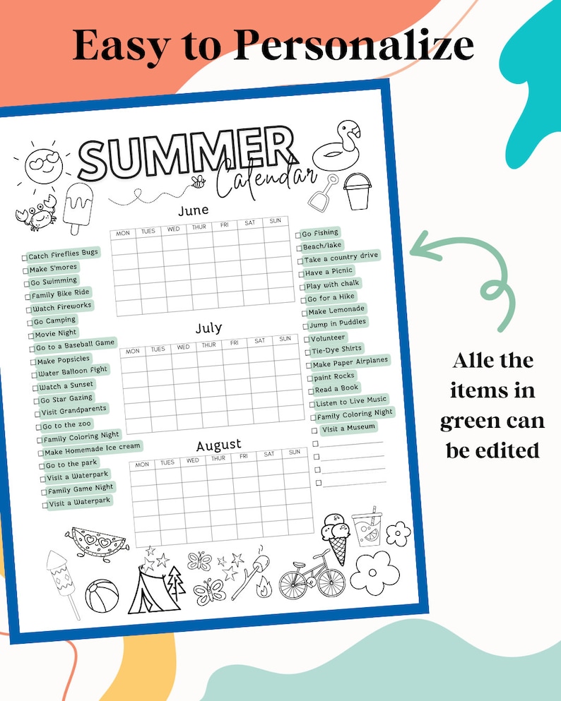 Editable Summer Activities Calendar, Family Bucket List (instant ...