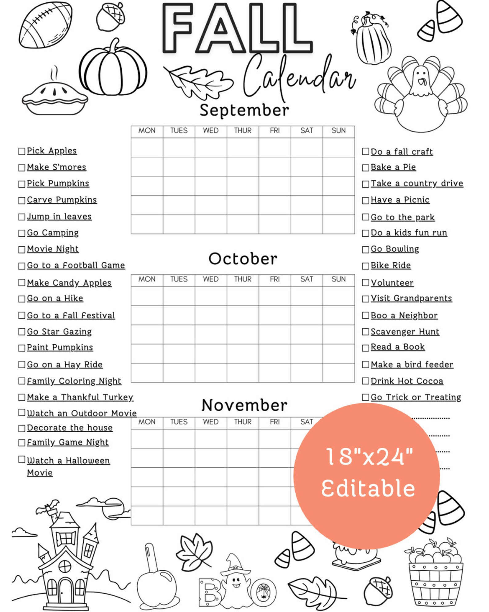 Editable Fall Calendar Poster, Fall Activities Calendar, Fall Checklist ...