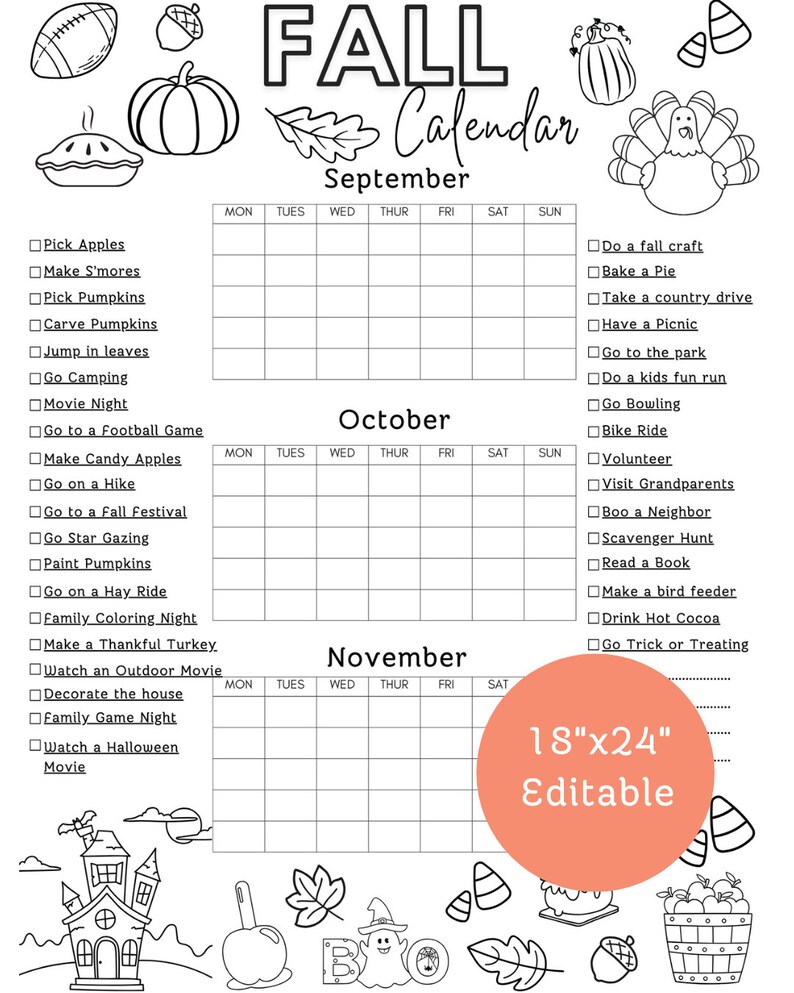 Editable Fall Calendar Poster, Fall Activities Calendar, Fall Checklist ...
