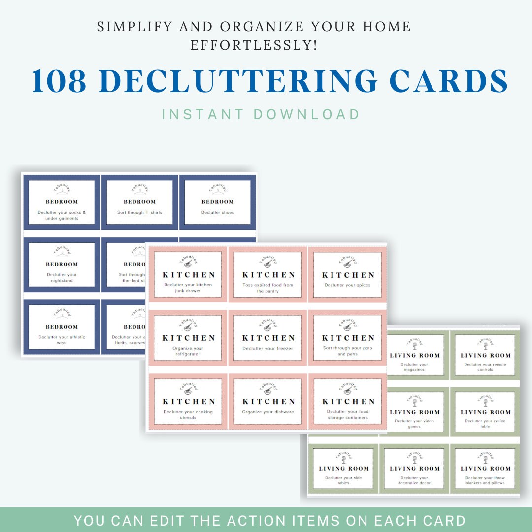 108 Editable Decluttering Cards, Instant Download, Make Organizing Easy ...