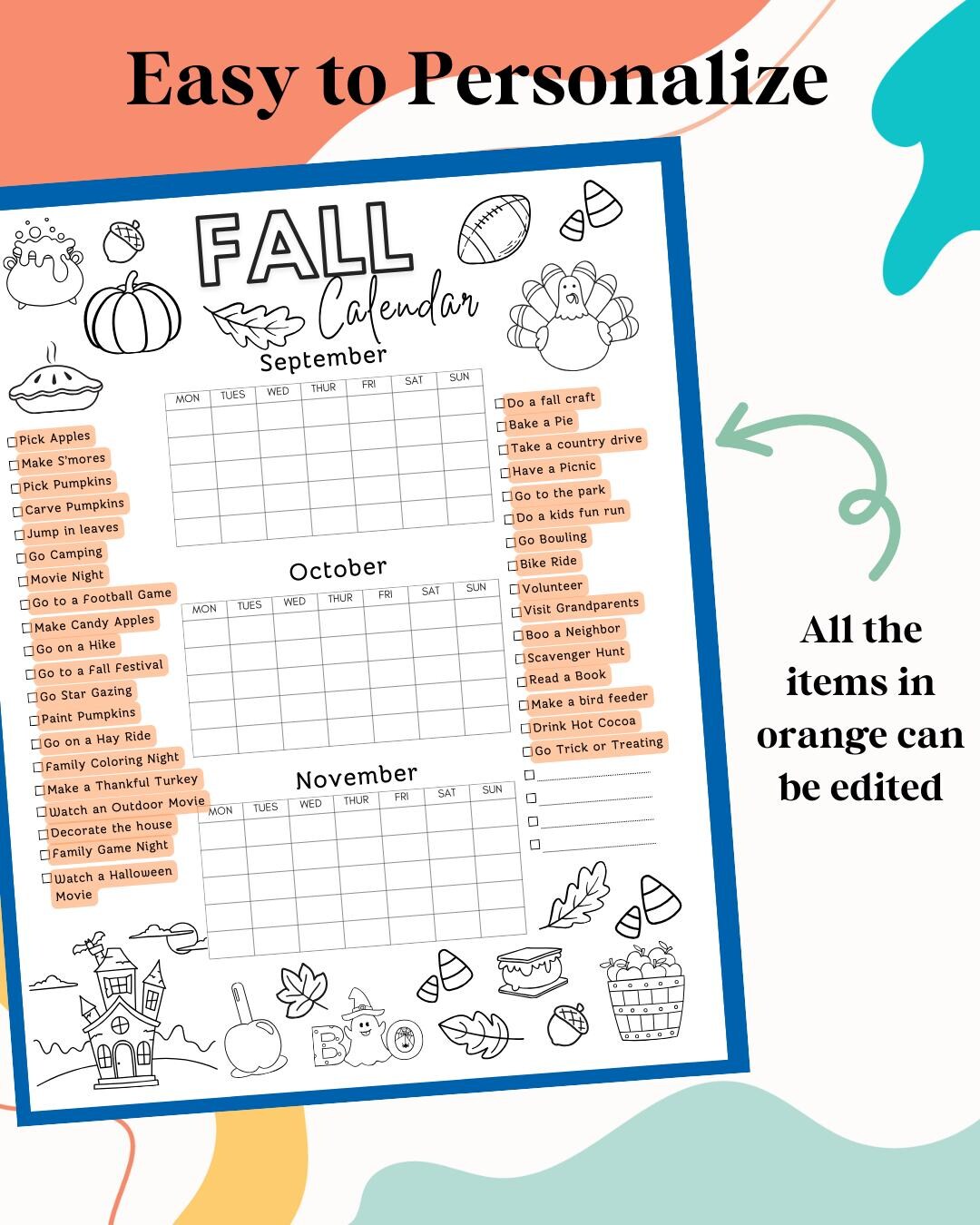 Editable Fall Activities Calendar, Family Bucket List (digital Download ...
