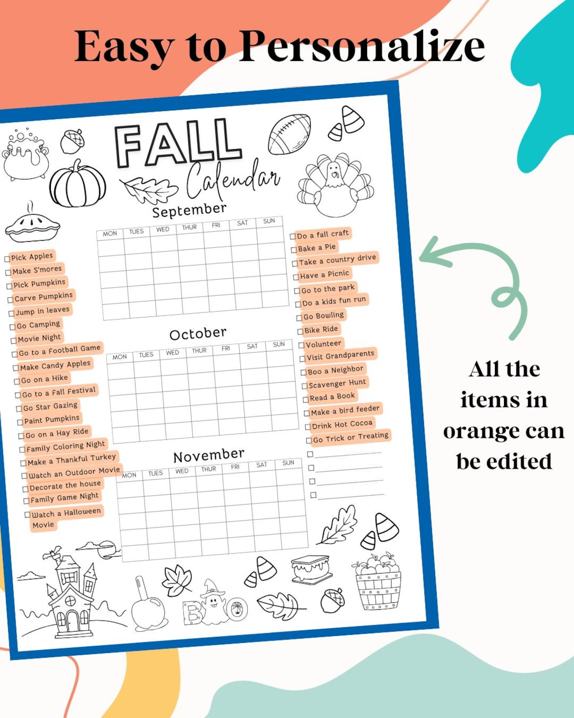 Editable Fall Calendar Poster, Fall Activities Calendar, Fall Checklist ...