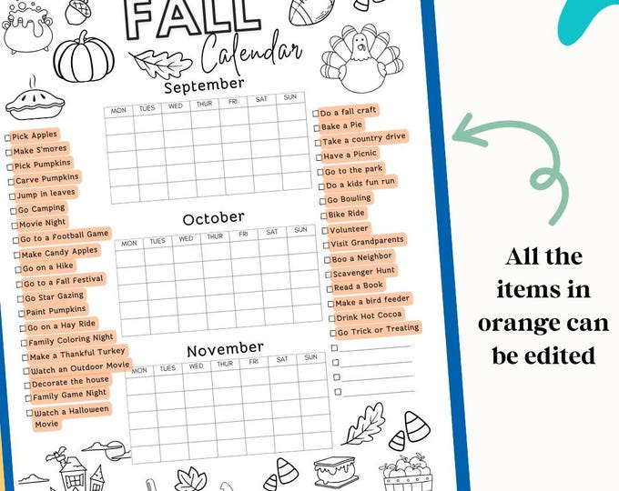 Fall Bucket List Three Month Calendar, Dry-erase Framed and Colorable ...