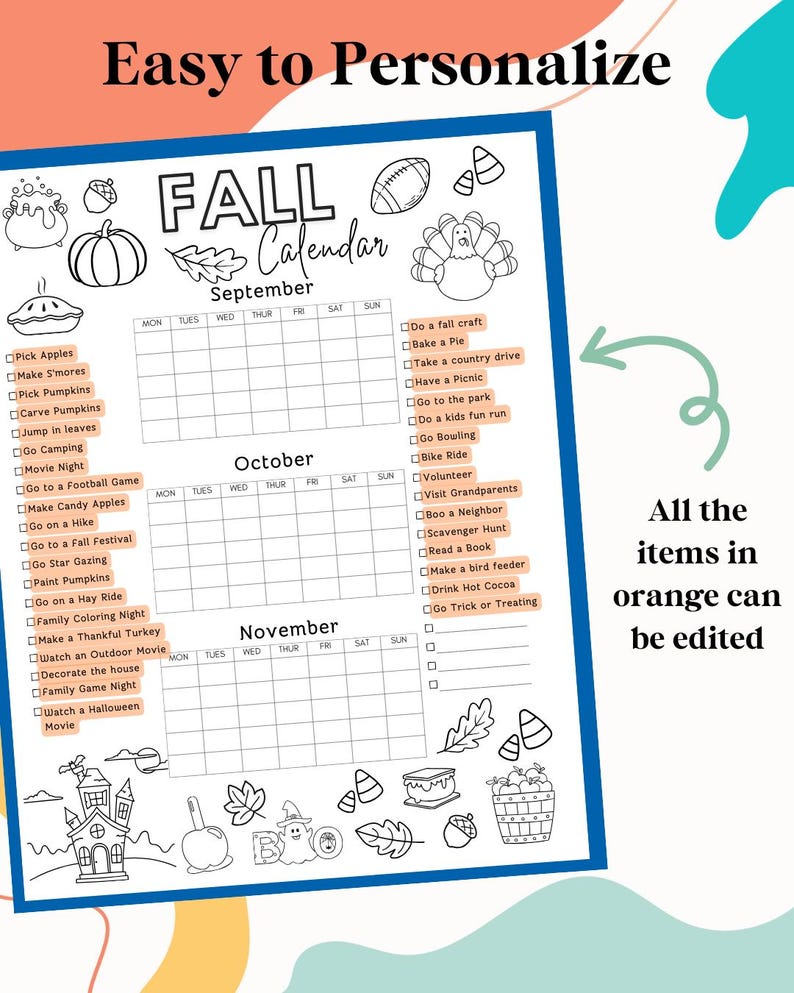 Editable Fall Activities Calendar, Family Bucket List (digital Download ...