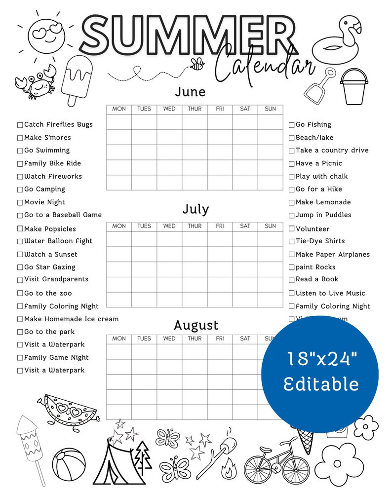Editable Summer Calendar Poster, Summer Activities Calendar, Summer ...