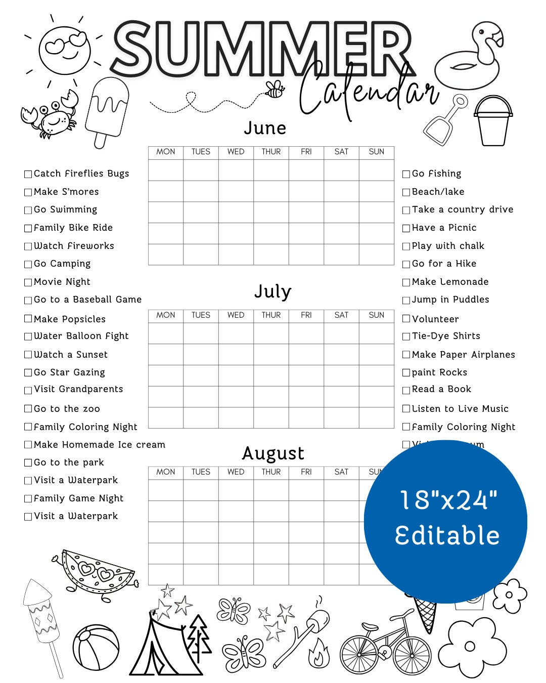 Editable Summer Calendar Poster, Summer Activities Calendar, Summer ...