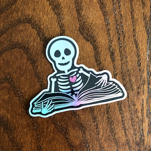 Holo Skeleton Reading Vinyl Sticker - Halloween Bookish Vinyl Decal ...