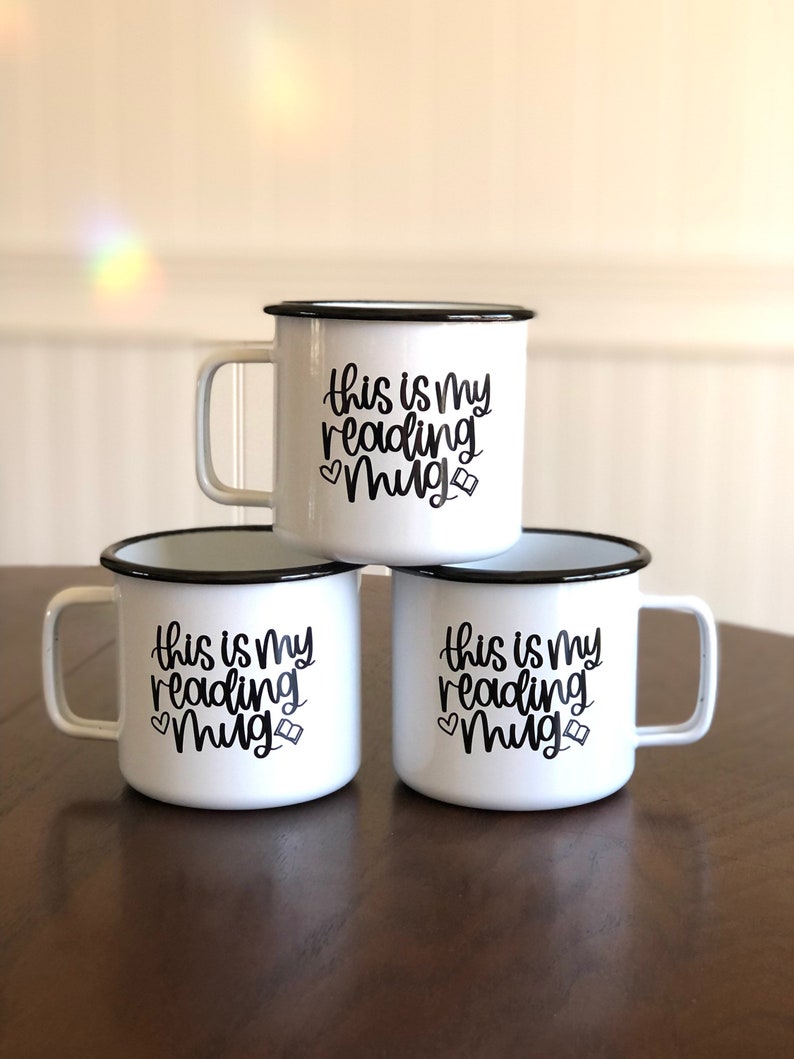 This is My Reading Mug - Double Sided - Enameled Steel White Cup With ...