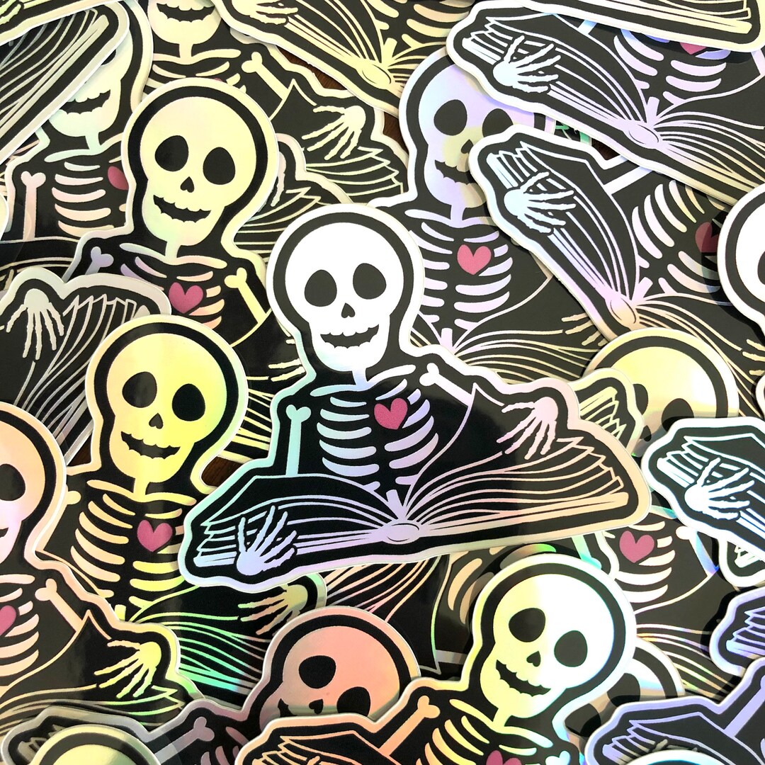 Holo Skeleton Reading Vinyl Sticker - Halloween Bookish Vinyl Decal ...