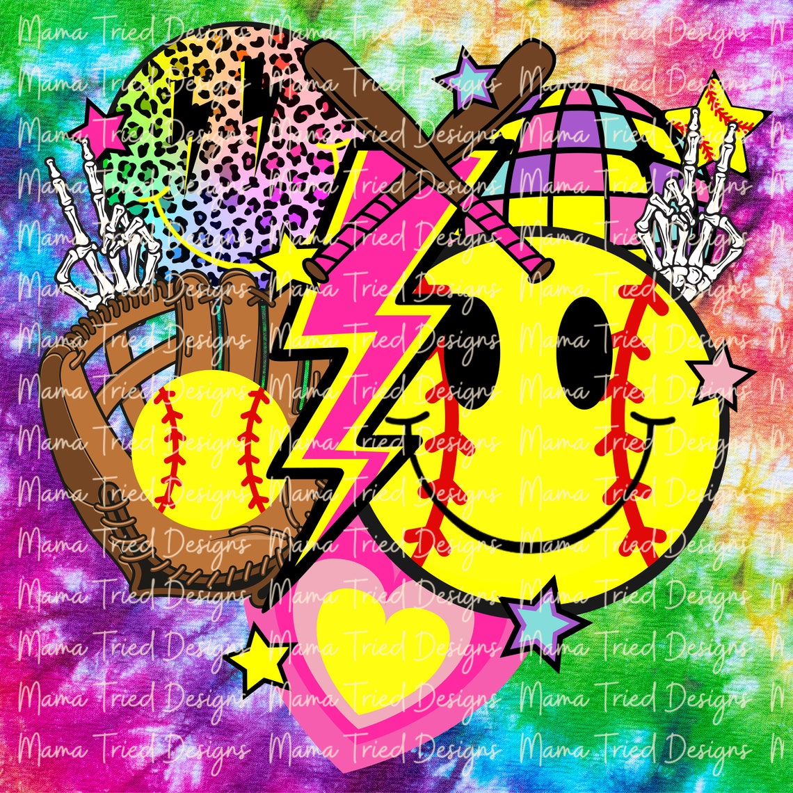 Retro Softball Bolt Disco Ball Smileys PNG File - Etsy